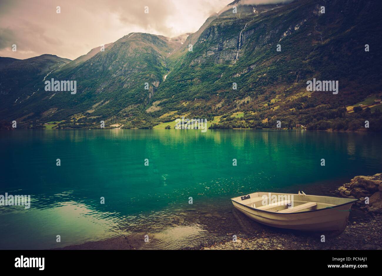 Scenic Norwegian Fjord Landscape with Boat Stock Photo - Alamy