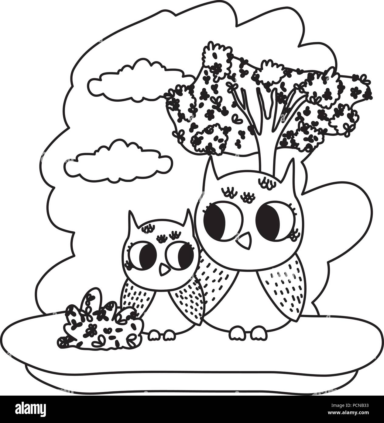 line couple owl cute animal in the forest Stock Vector Image & Art - Alamy