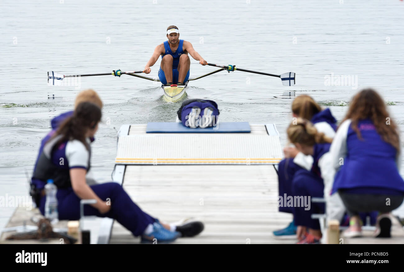 Finland's Robert Ven competes in the Men's Single Sculls Repechage 2 ...