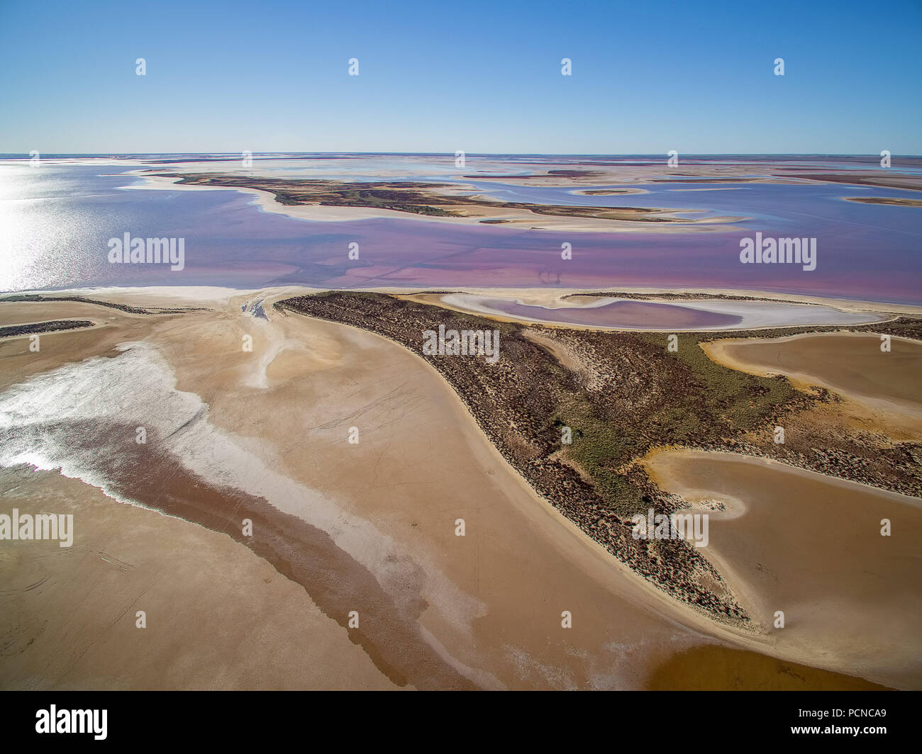 Aerial view of shallow pink salt lake Tyrrell in Victoria, Australia ...