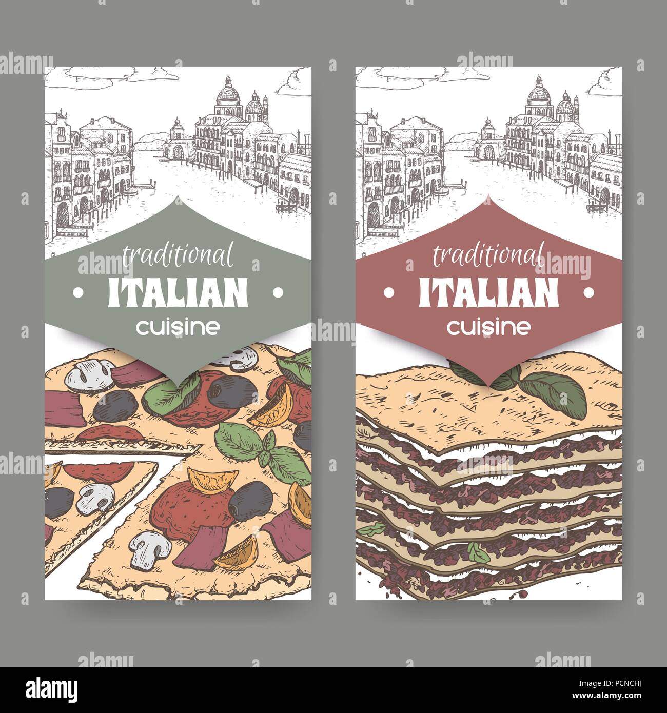 Two color banners with Venice landscape, pizza and lasagna on white ...