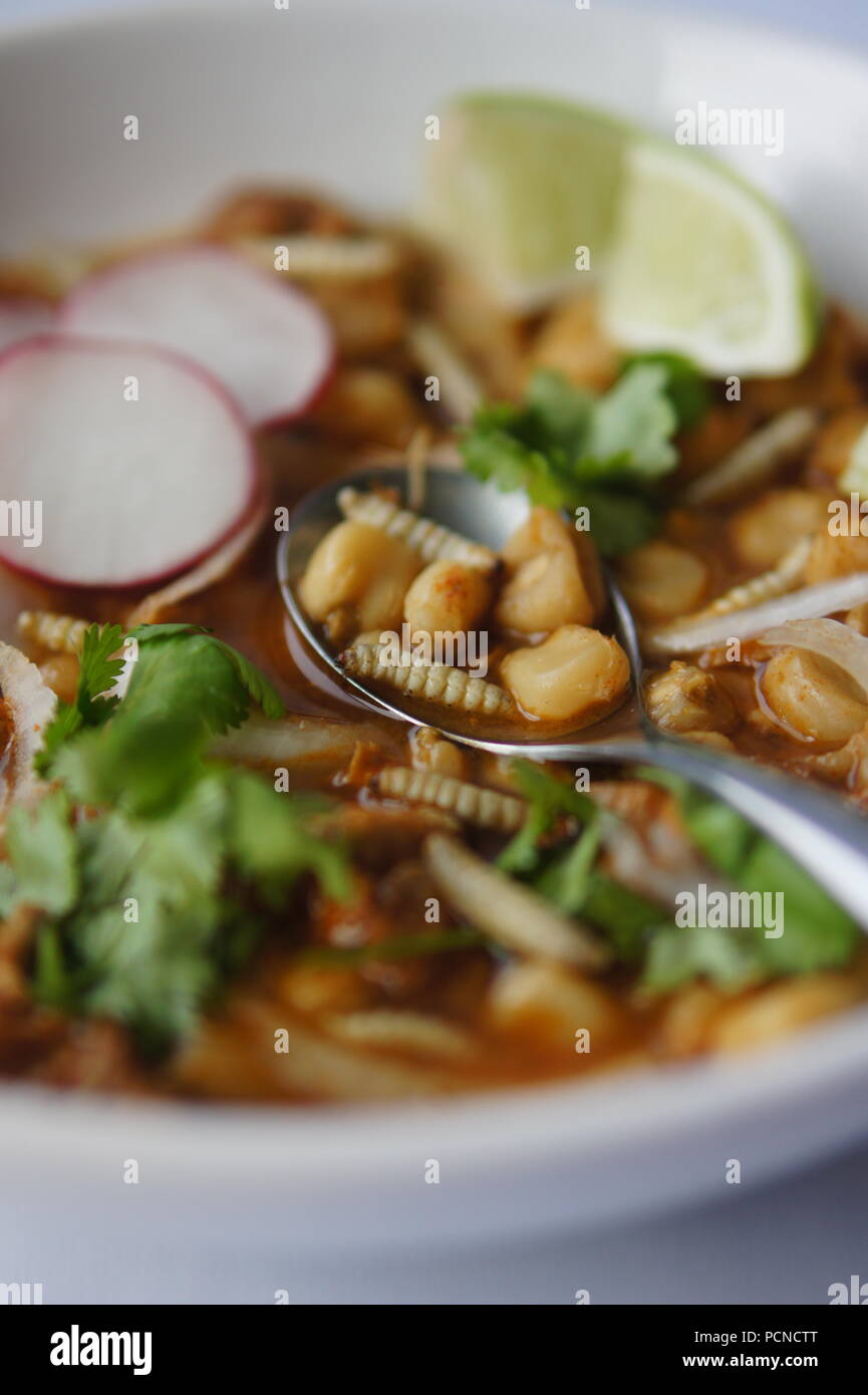 Pozole (Hominy), cilantro (coriander), jalapeno peppers, onions, pork ...