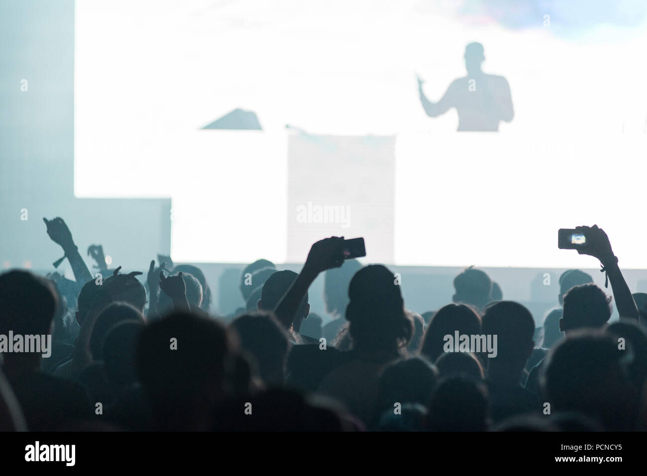 Crowd at music festival watching the concert, standing in front of ...