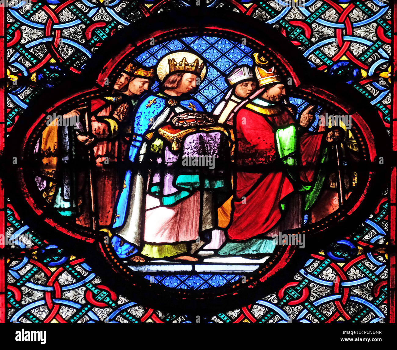 Saint Louis bringing the Crown of Thorns, stained glass window in the ...