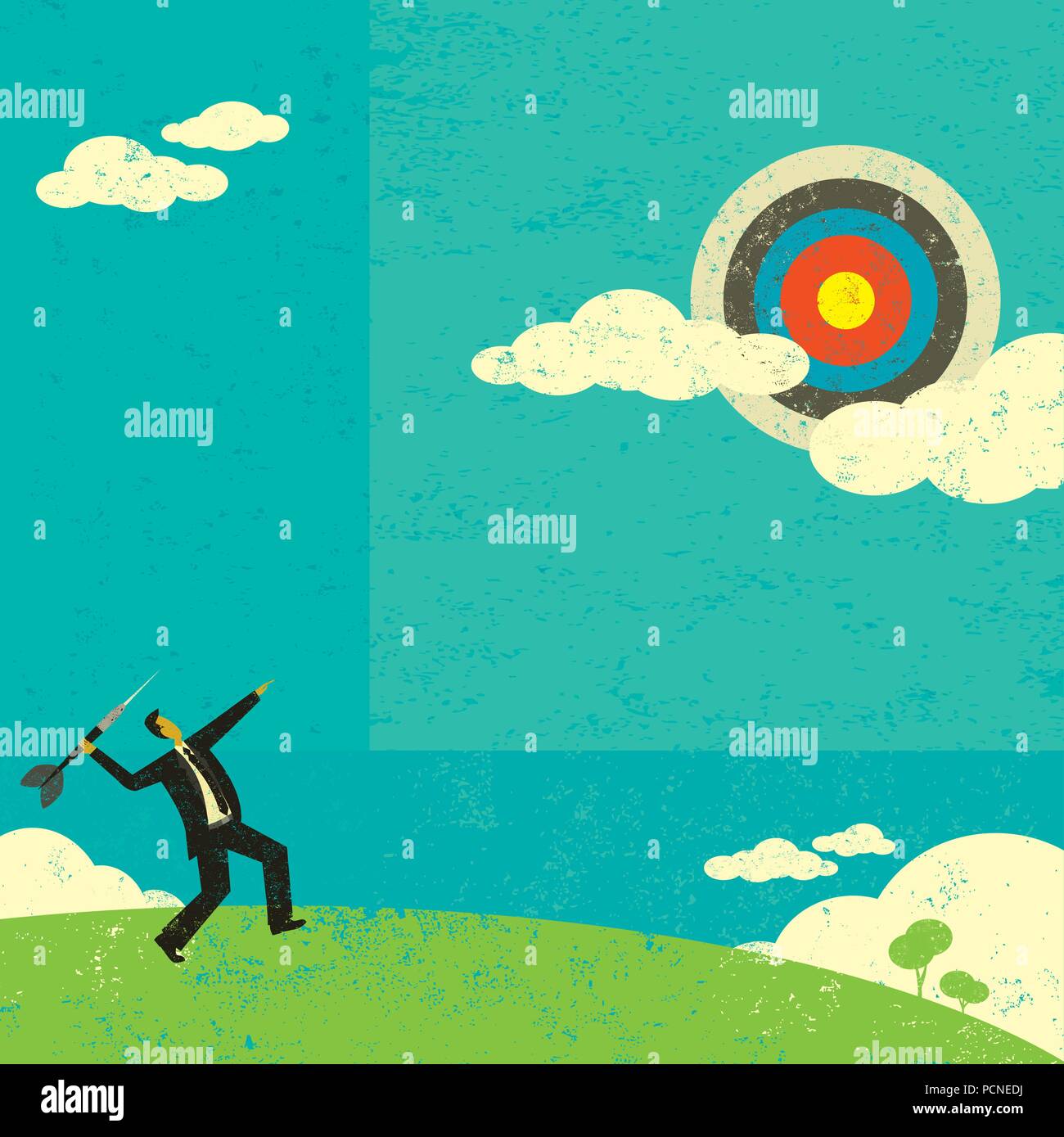 Aiming for a high target Businessman trying to hit a high target with a ...