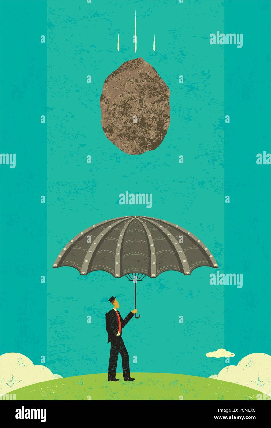 Catastrophe Protection A businessman holding an ironclad umbrella, as ...