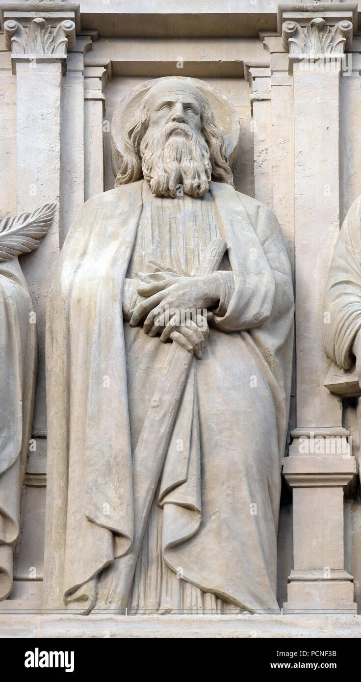 Apostle, statue on the facade of Saint Augustine church in Paris ...