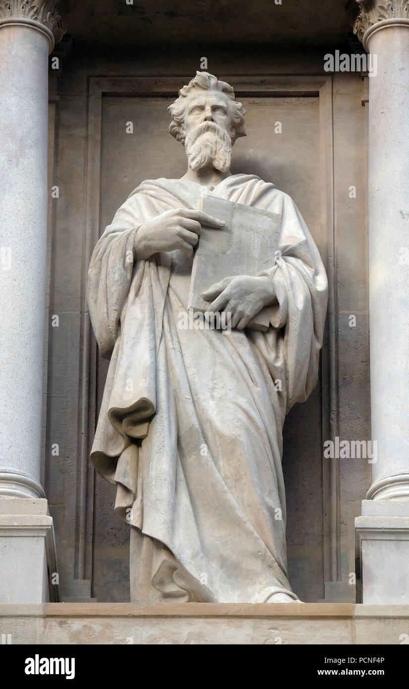 Moses, statue on the facade of Saint Augustine church in Paris, France ...