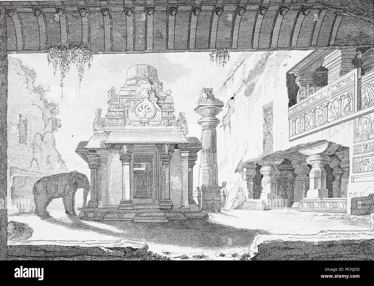 the Indra temple at Ellora, India, digital improved reproduction of an ...