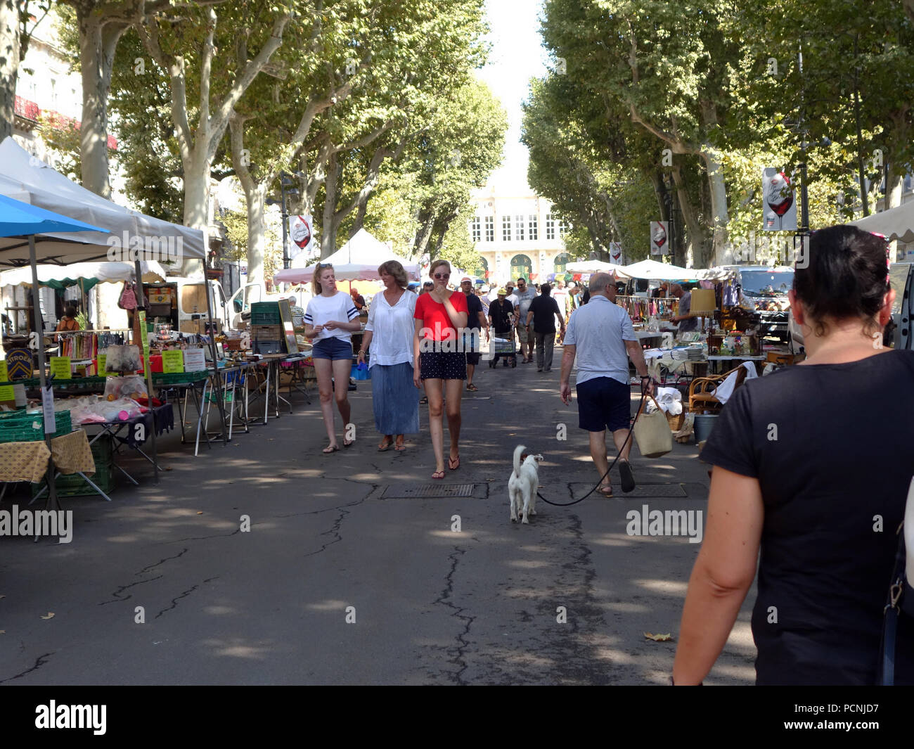Flea Market in the busy square in Beziers is the scene of a sunny ...