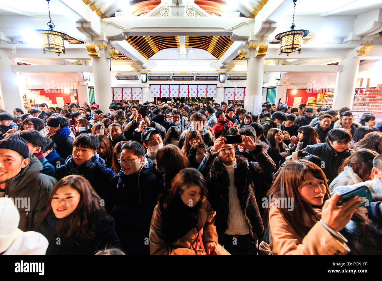 Shogatsu, new year at Nishinomiya shrine, Japan. People packed in to ...