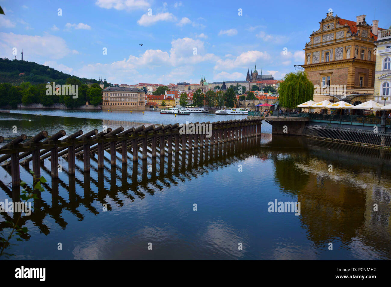 Charles Bridge view and the cityscape from Naplavka u Hergetovy Cihelny ...