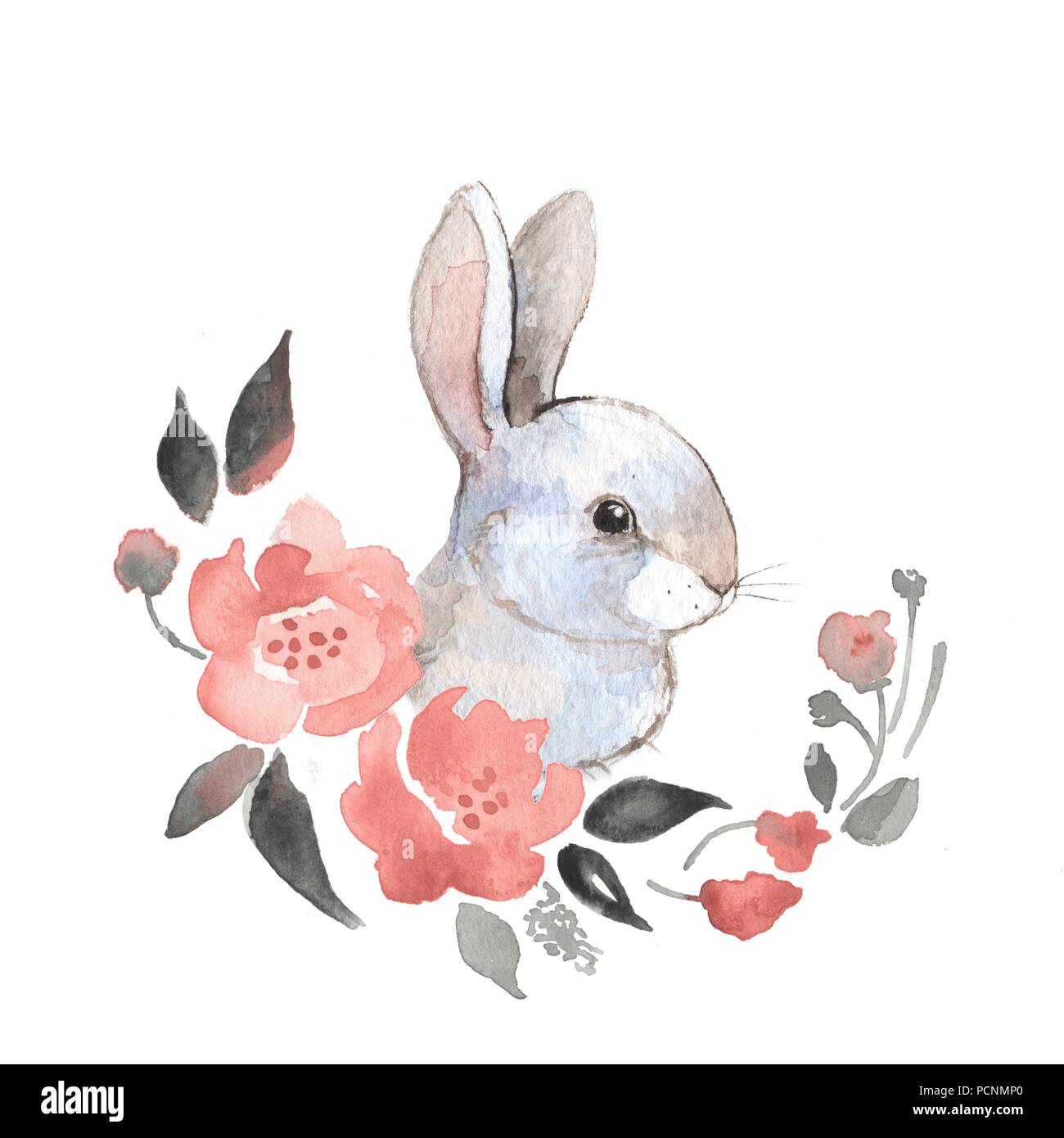 Rabbit and flowers. Watercolor illustration. Isolated on white ...