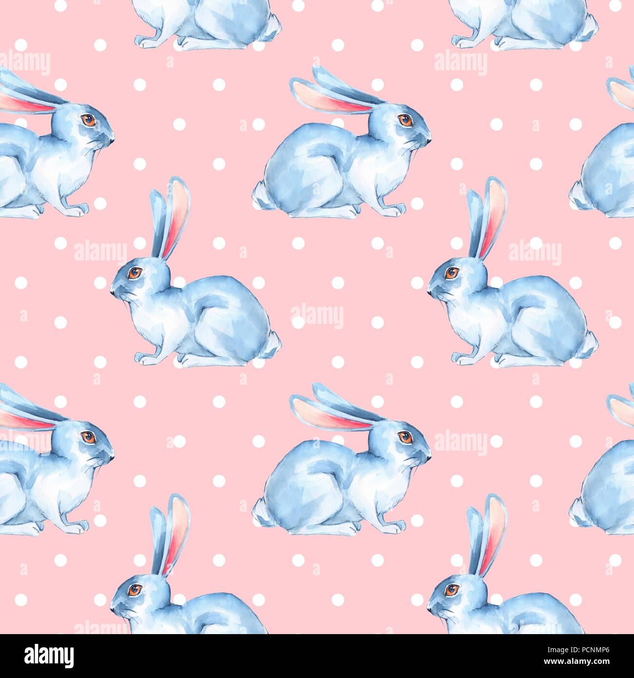 Seamless pattern with white rabbits. Watercolor illustration Stock ...