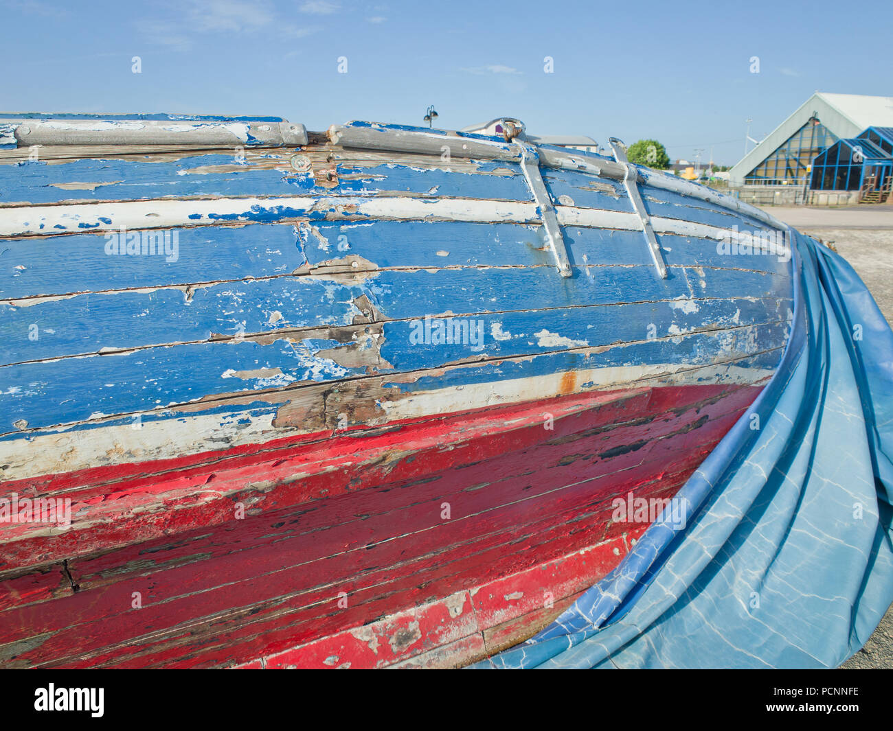Old Blue Wooden Boat Barrow in Furness Stock Photo - Alamy