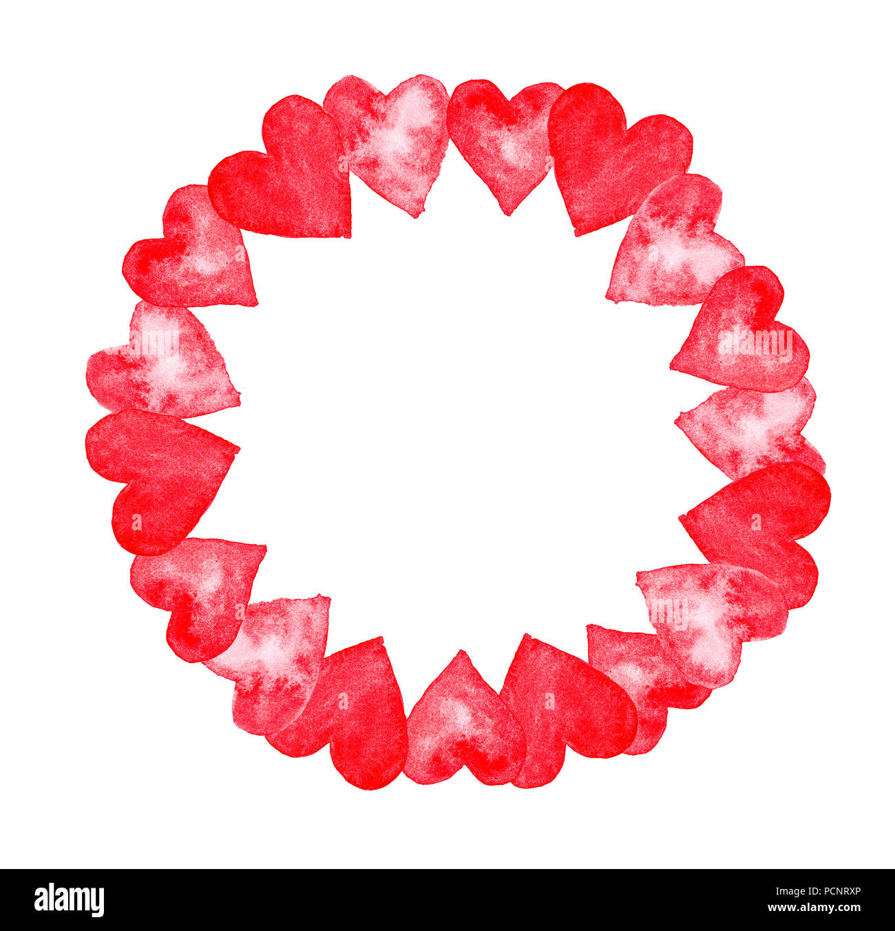 Wreath made of watercolor hearts in shades of red color, isolated on ...