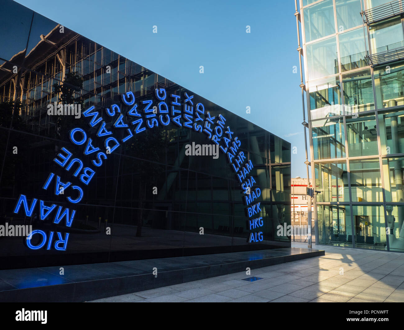 Sign with Destination Codes, Heathrow Airport Terminal 5, London ...