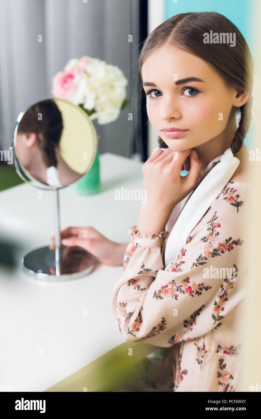 Beauty teen female sitting table hi-res stock photography and images ...