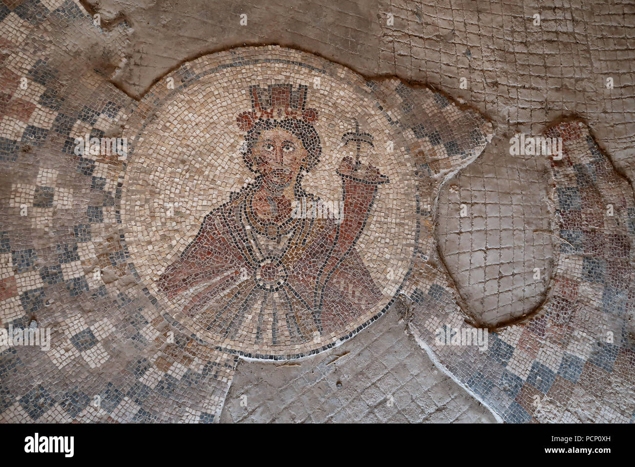 Mosaic in one of the rooms of the Sigma plaza containing the figure of ...