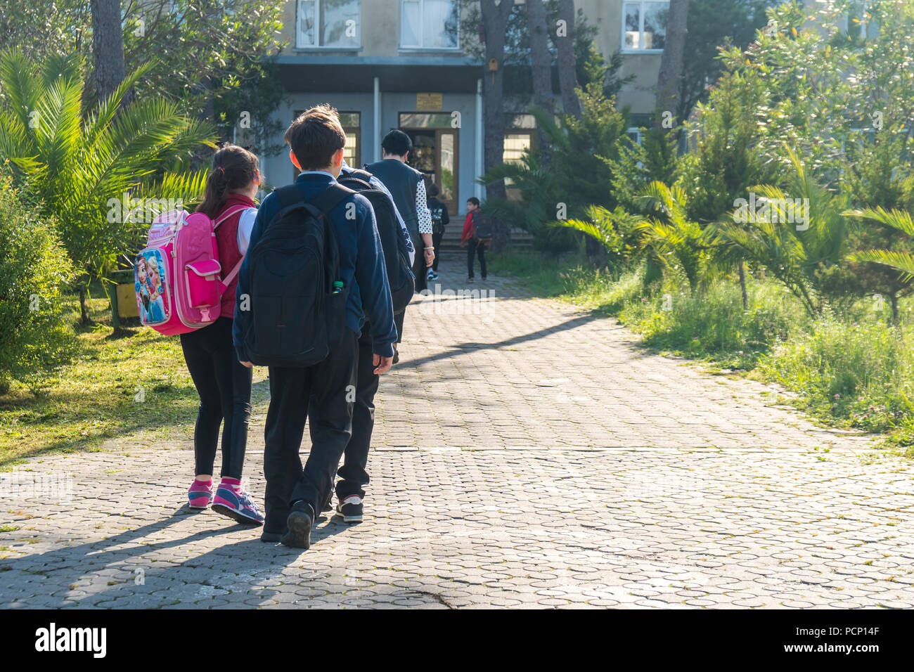 Group of kids going to school, education Stock Photo - Alamy
