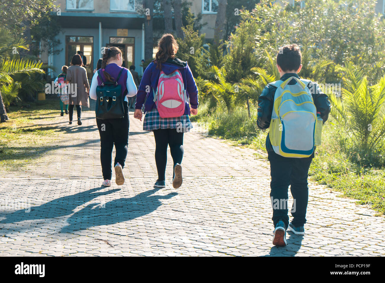 Group of kids going to school, education Stock Photo - Alamy