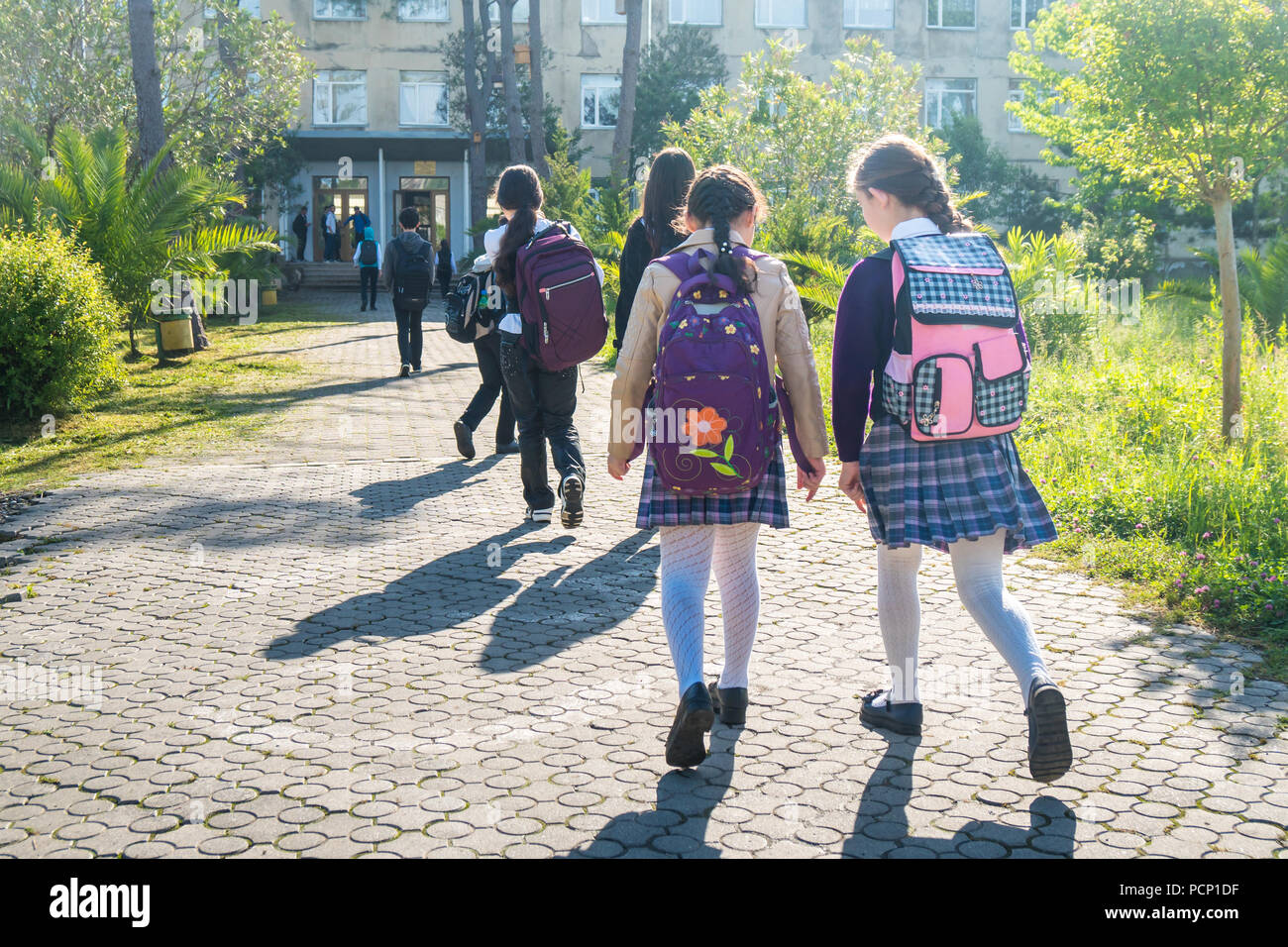 Group of kids going to school, education Stock Photo - Alamy