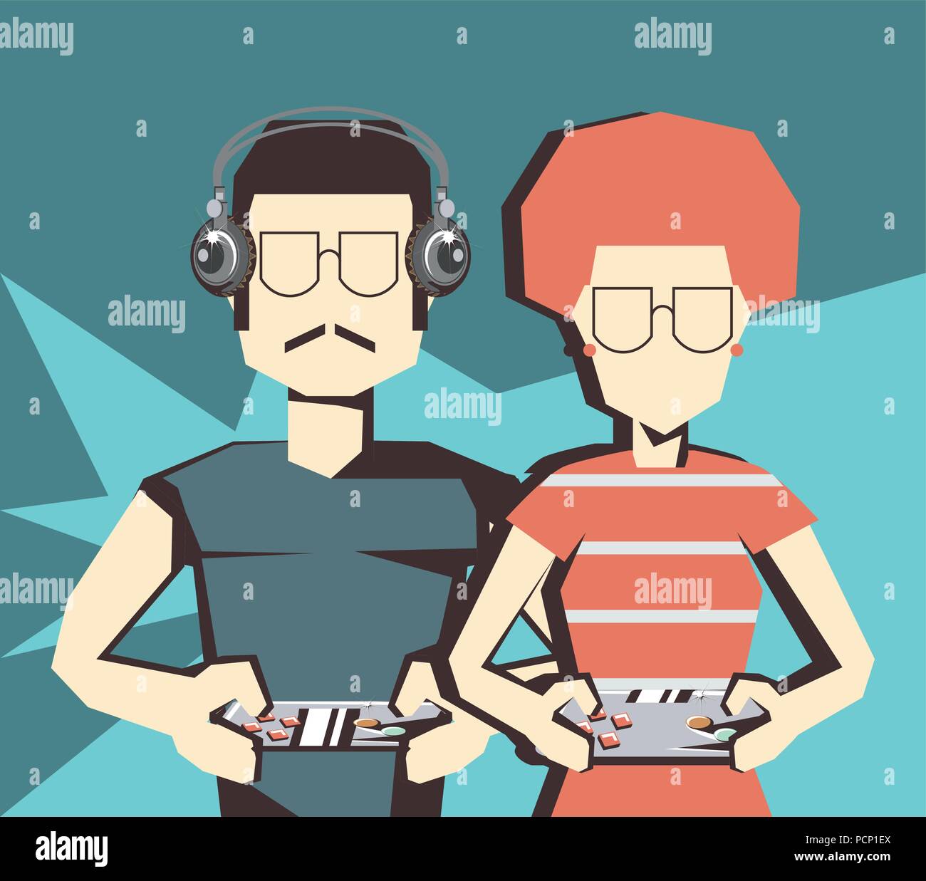 retro videogame design with man and woman playing videogames over blue ...