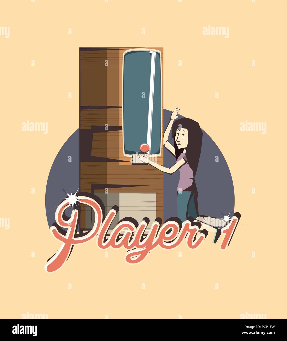 girl playing in Arcade machine over yellow background, colorful design ...
