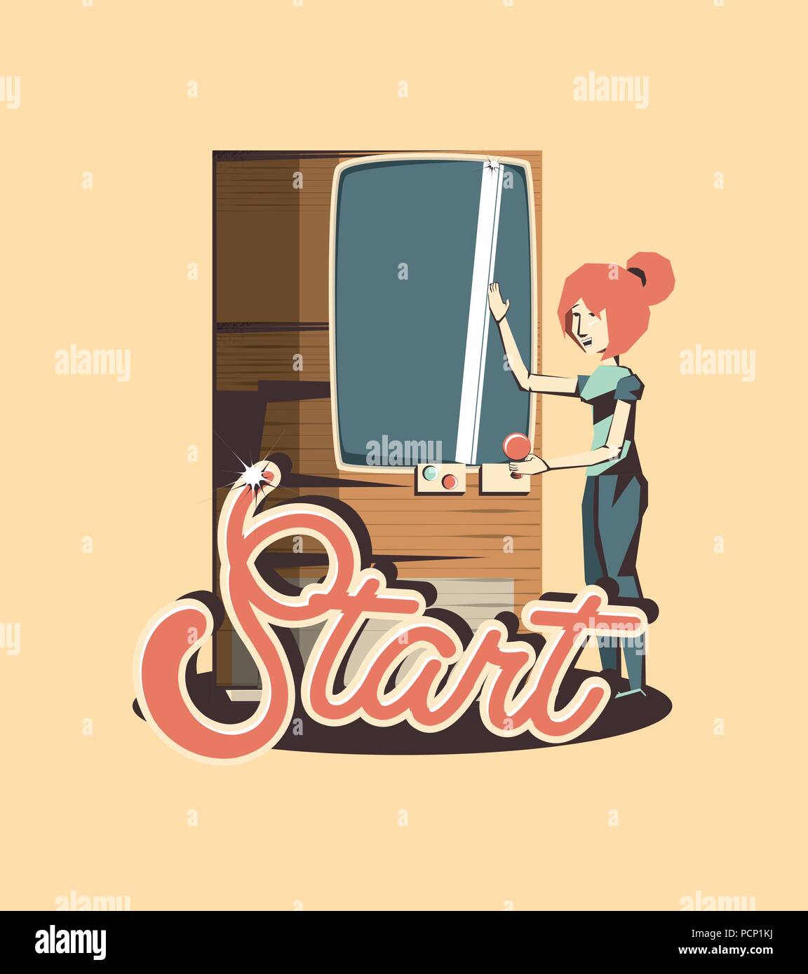 girl playing in Arcade machine over yellow background, colorful design ...