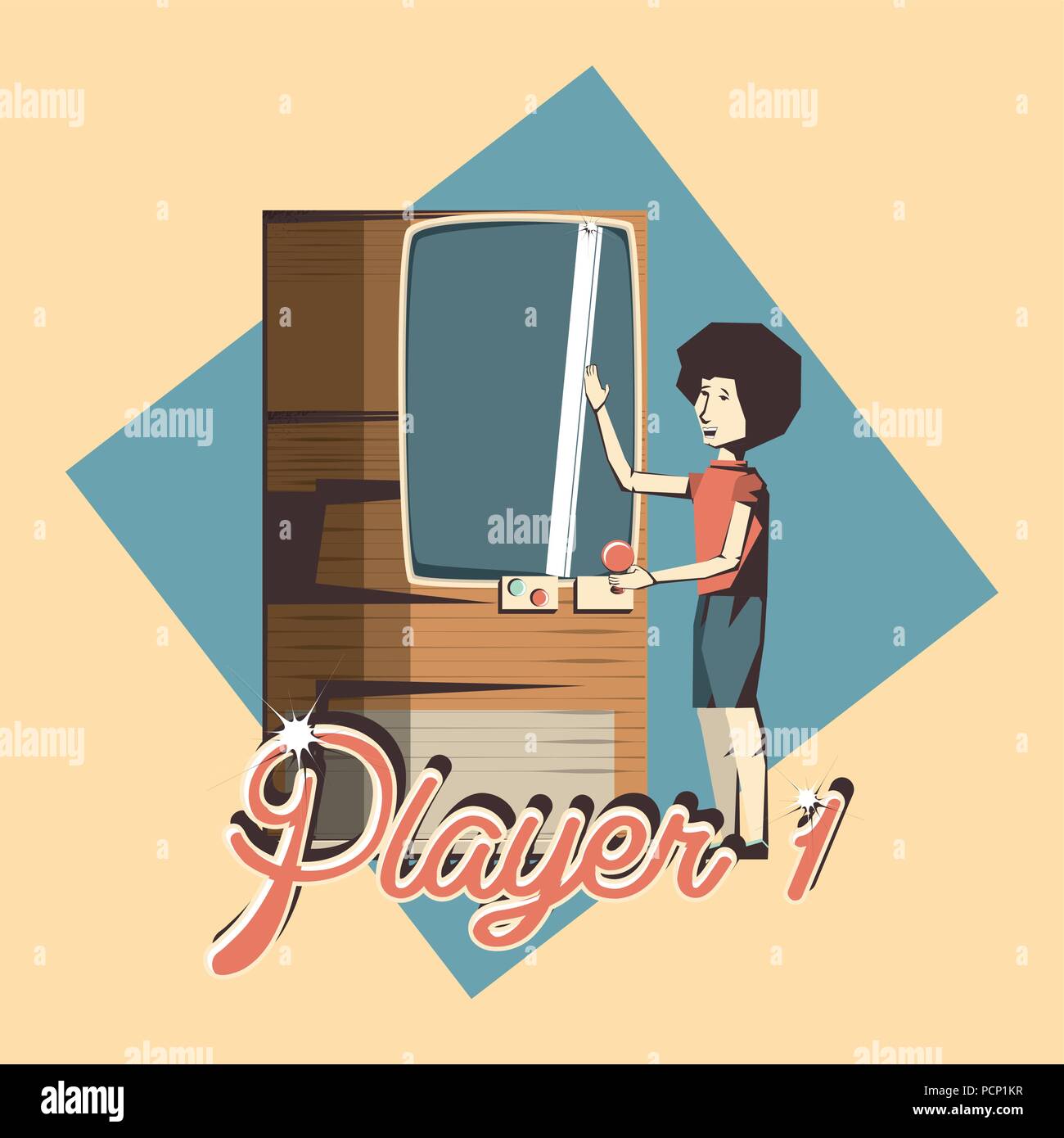 Retro videogames design with man playing in Arcade machine over yellow ...