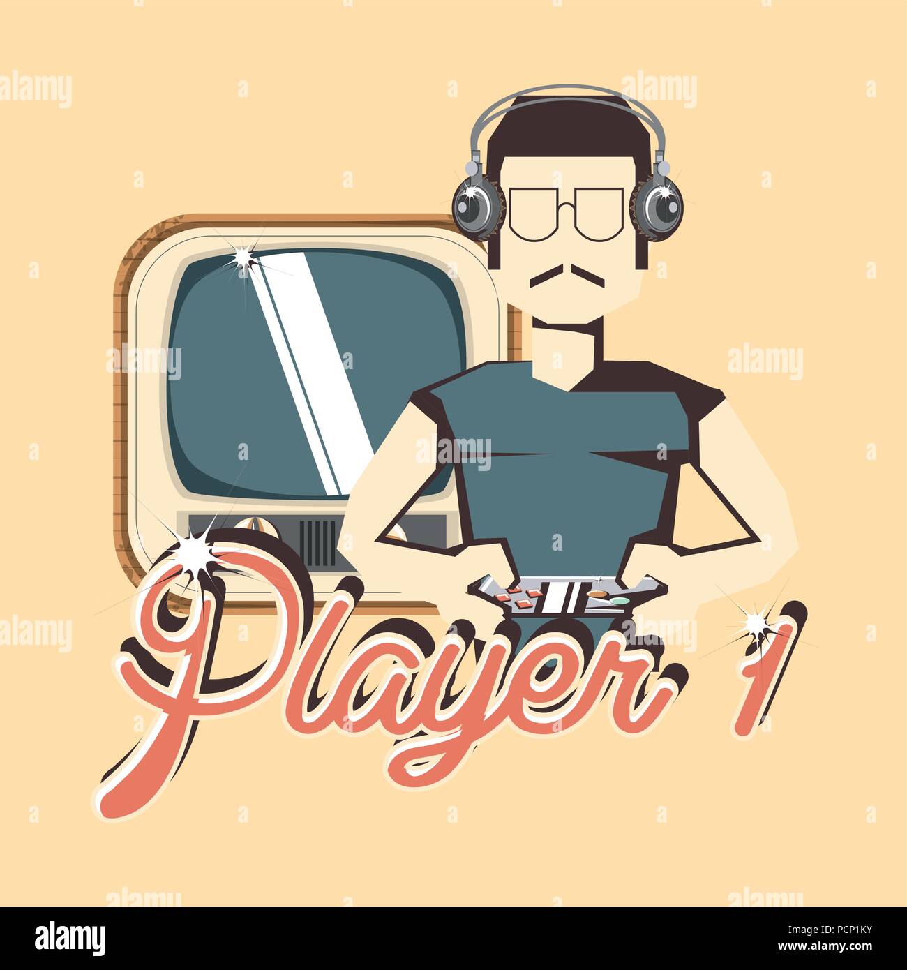 retro videogames, player 1 design with avatar man with headphones and ...