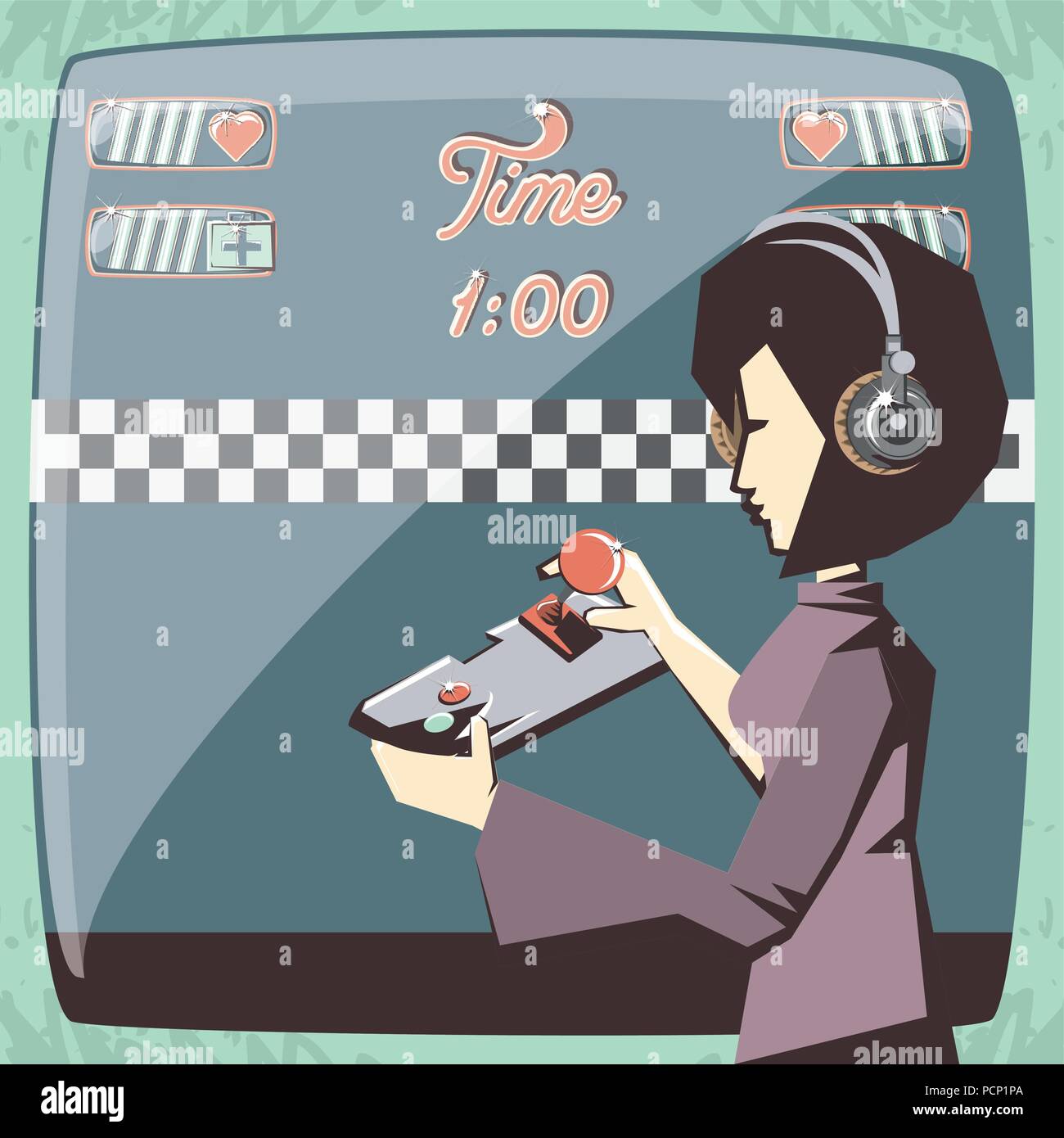 retro videogames design with avatar woman with headphones and playing ...