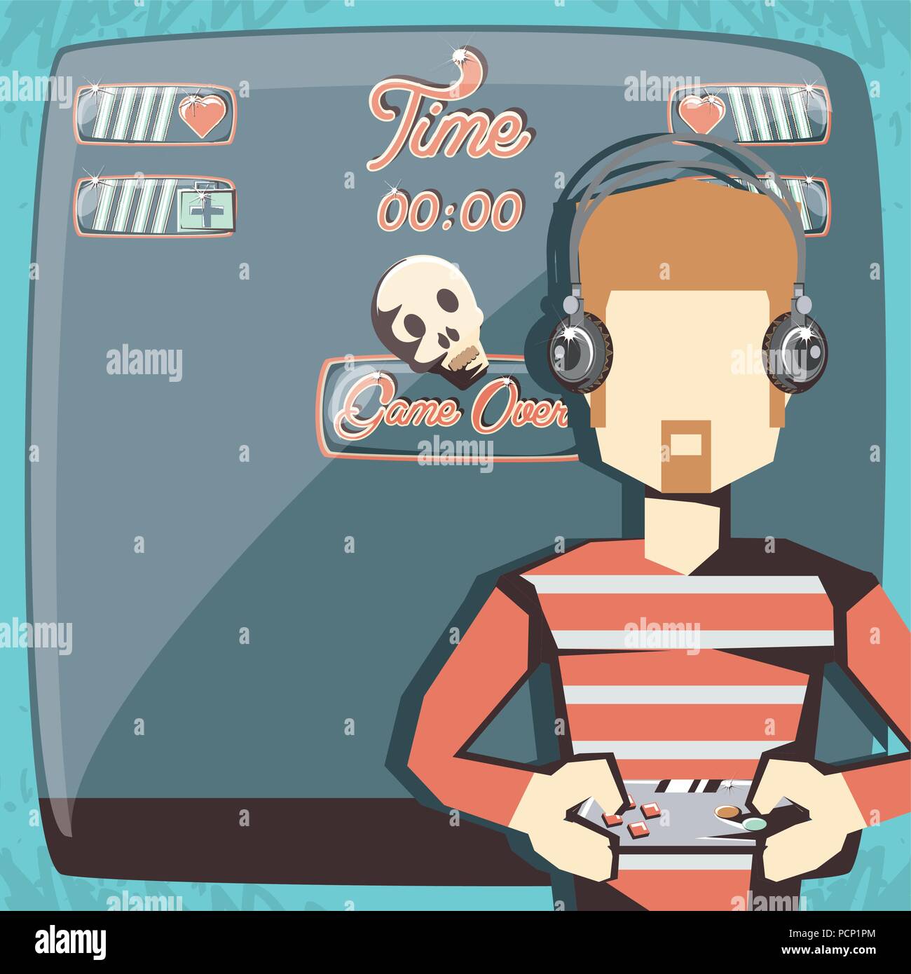 retro videogames design with avatar man with headphones and gamepad ...