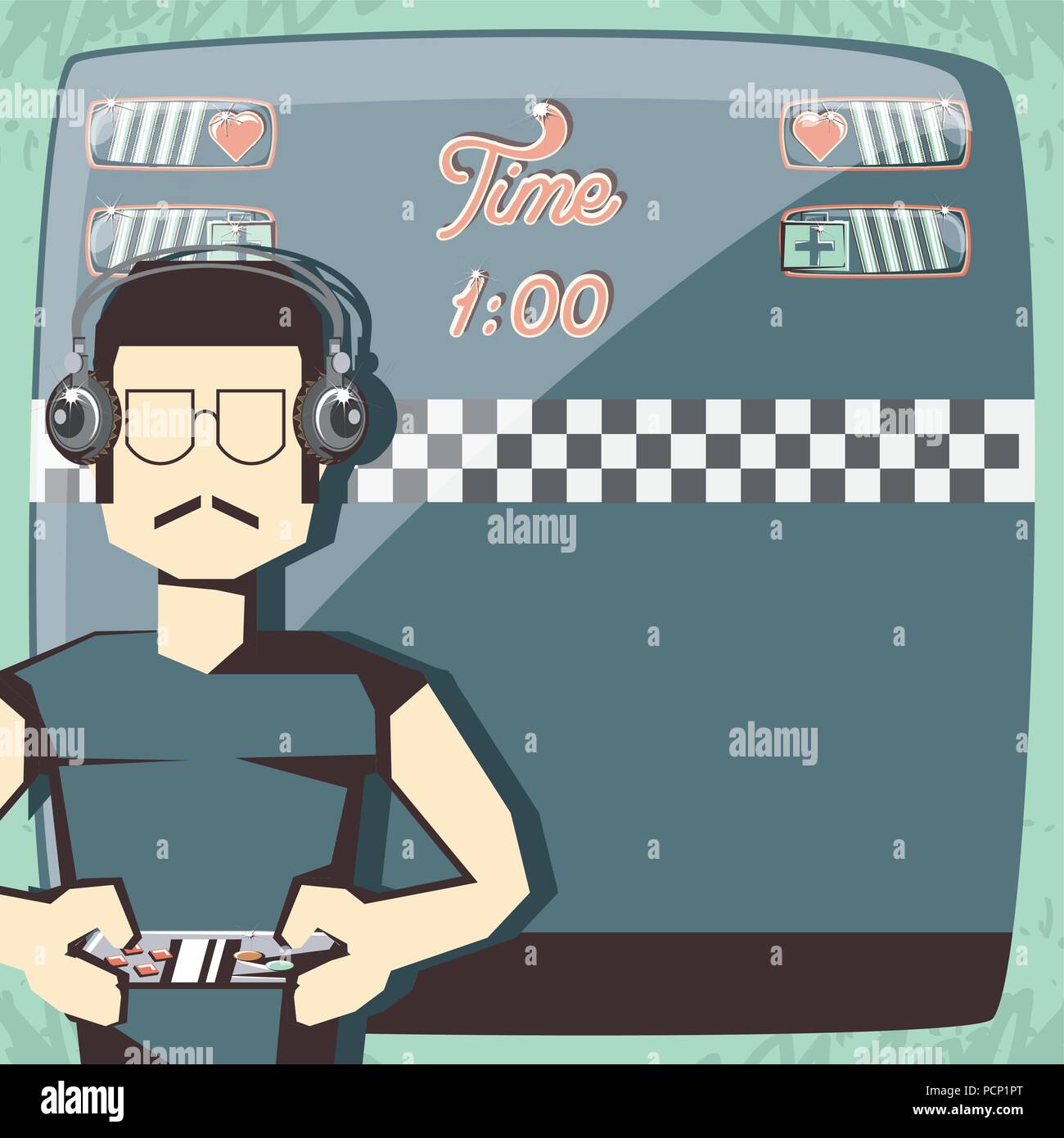 retro videogames design with avatar man with headphones and gamepad ...