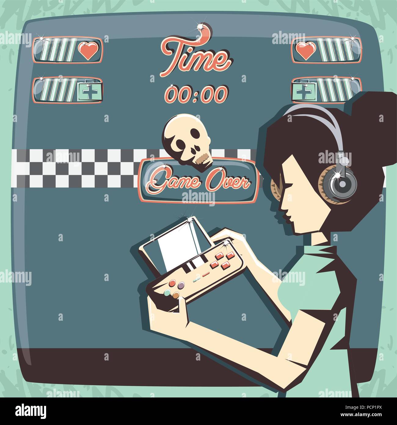 retro videogames design with avatar woman with headphones and playing ...