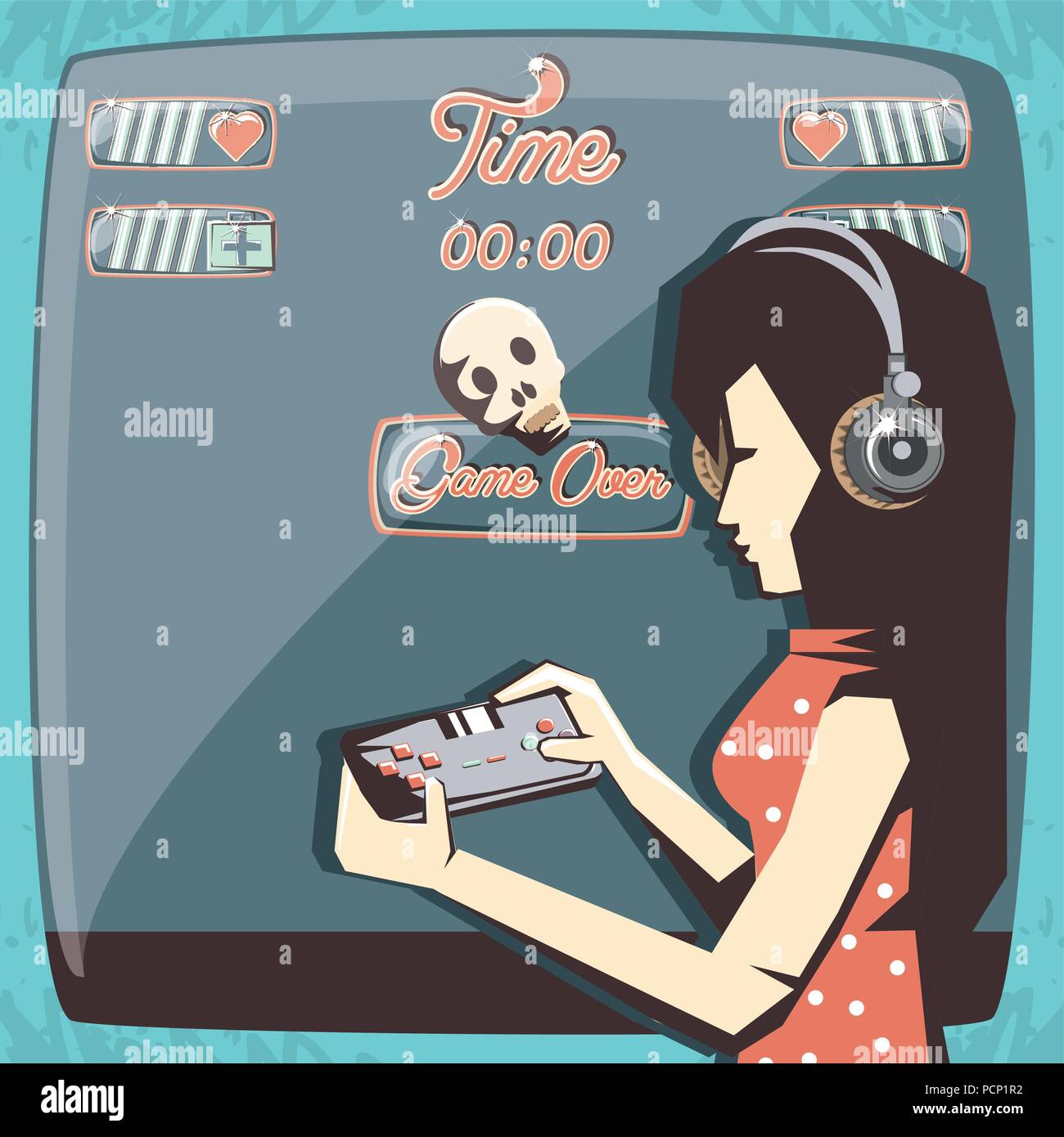 retro videogames design with avatar woman with headphones and playing ...