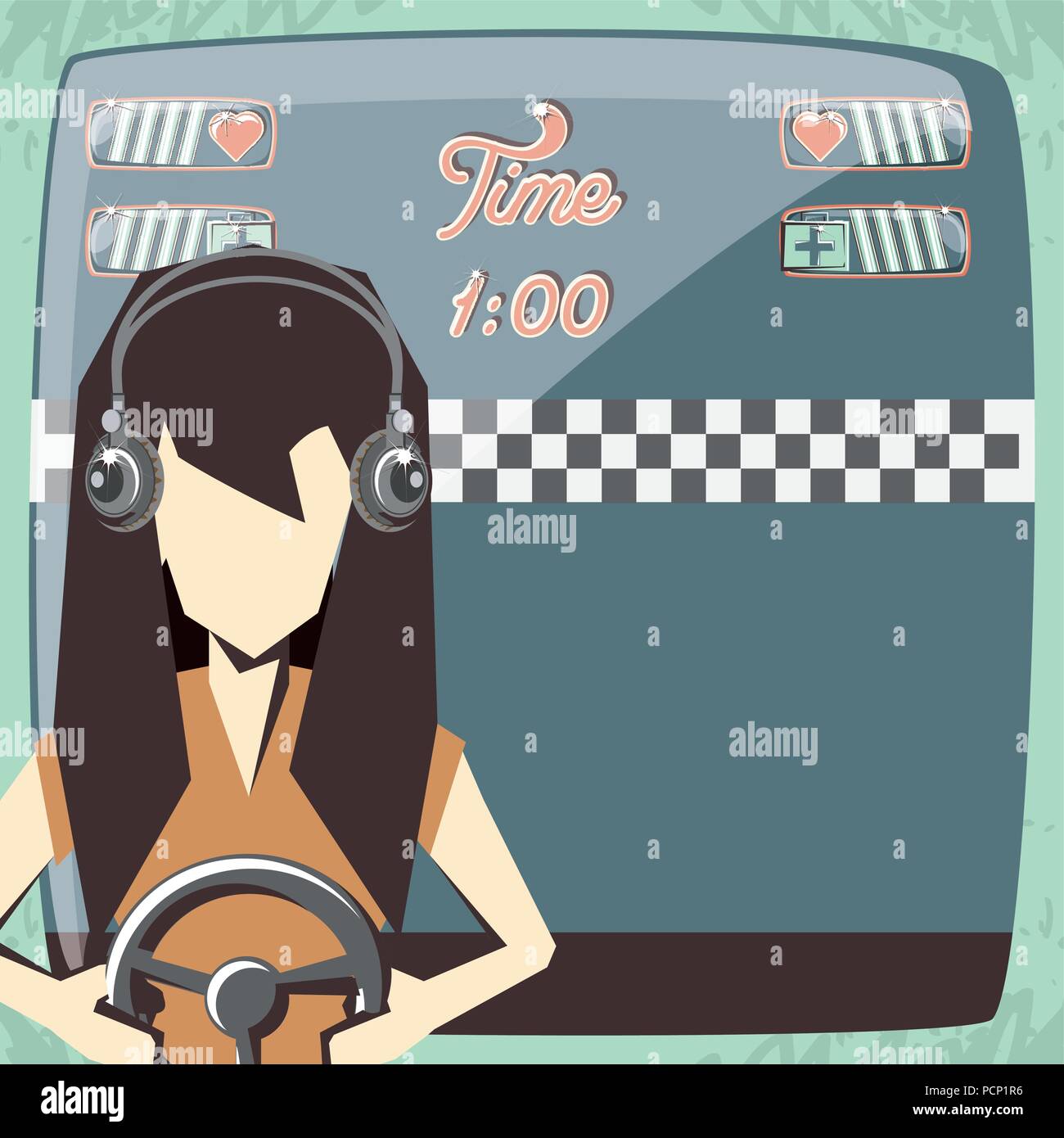 retro videogames design with avatar woman with headphones and steering ...