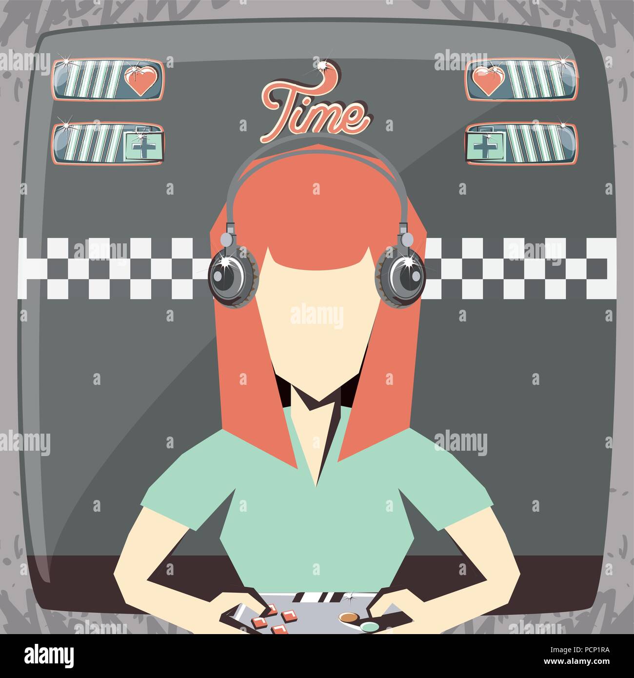 retro videogames design with avatar woman with headphones and playing ...