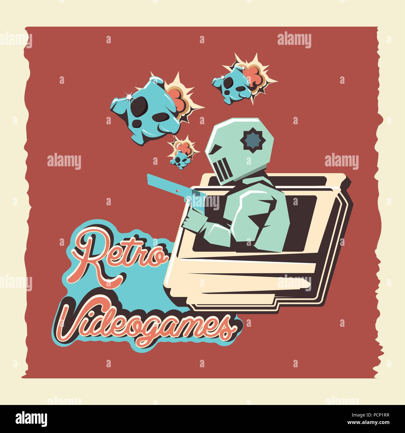 retro videogame design with robot and cassette over red background ...