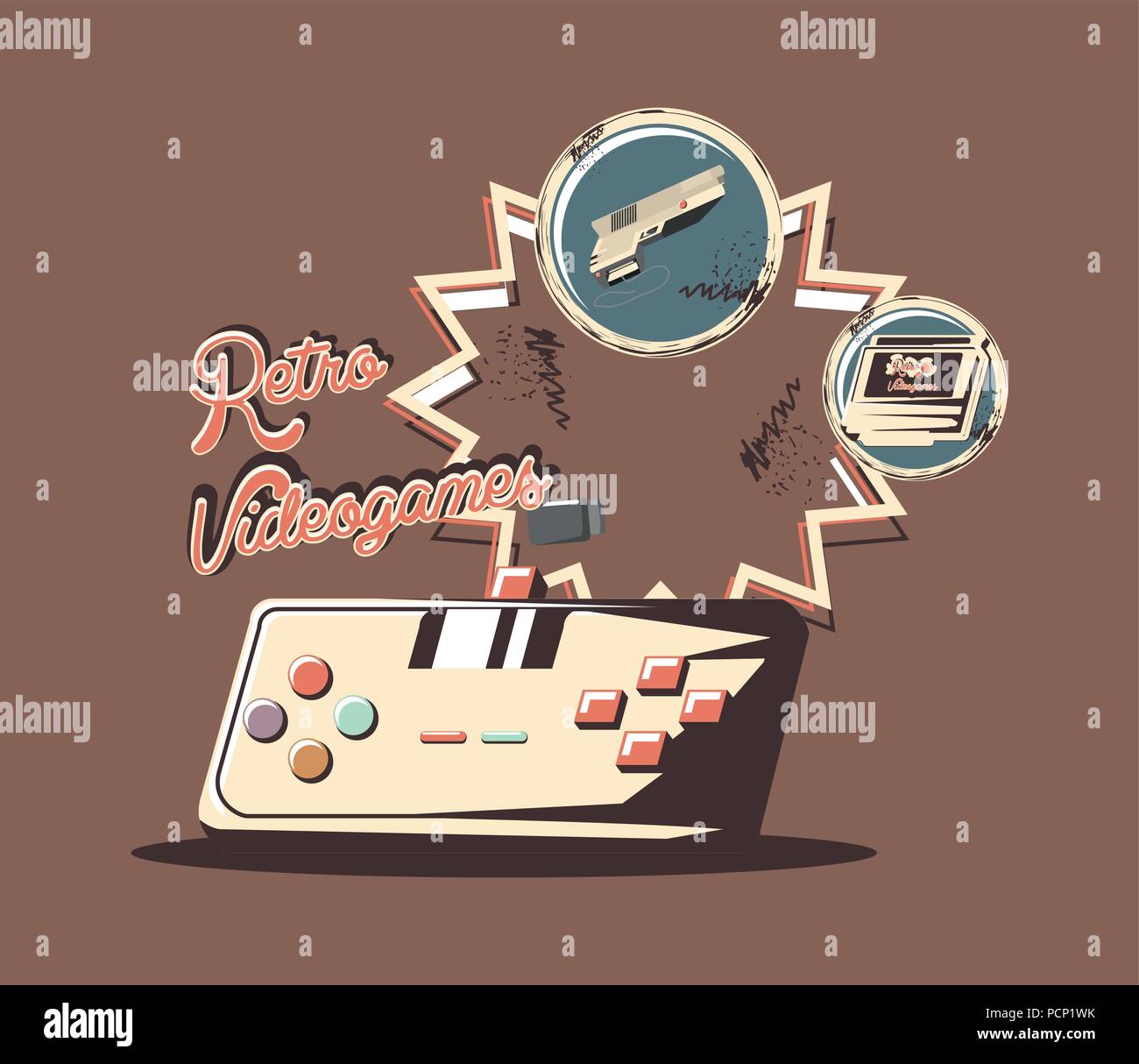retro videogames design with gamepad and related icons over brown ...