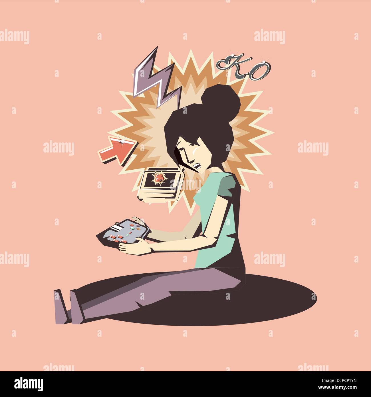 retro videogames design with avatar woman playing videogames over pink ...