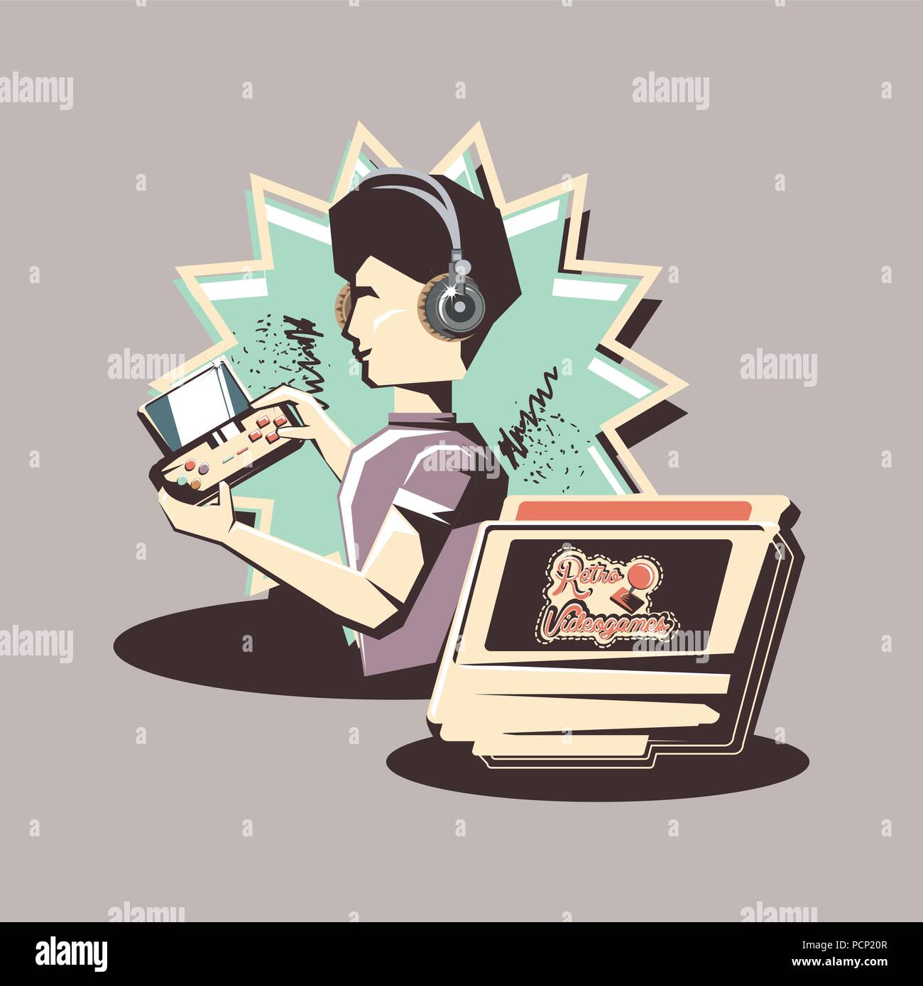 retro videogames design with avatar man with headphones and portable ...