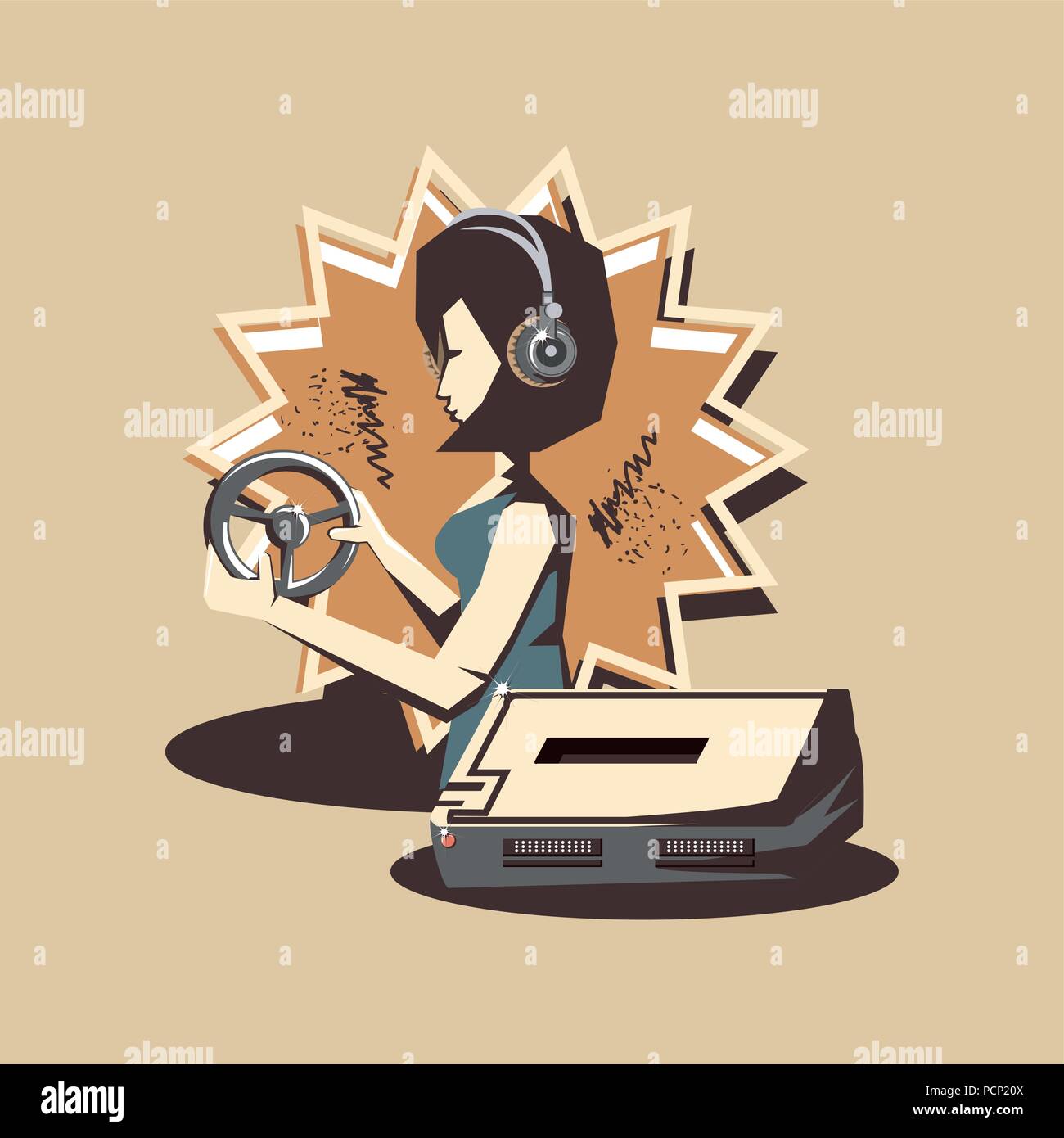 retro videogames design with avatar woman with headphones and steering ...