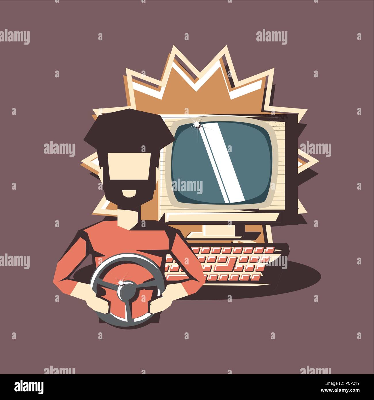 retro videogames design with avatar man with retro computer over brown ...