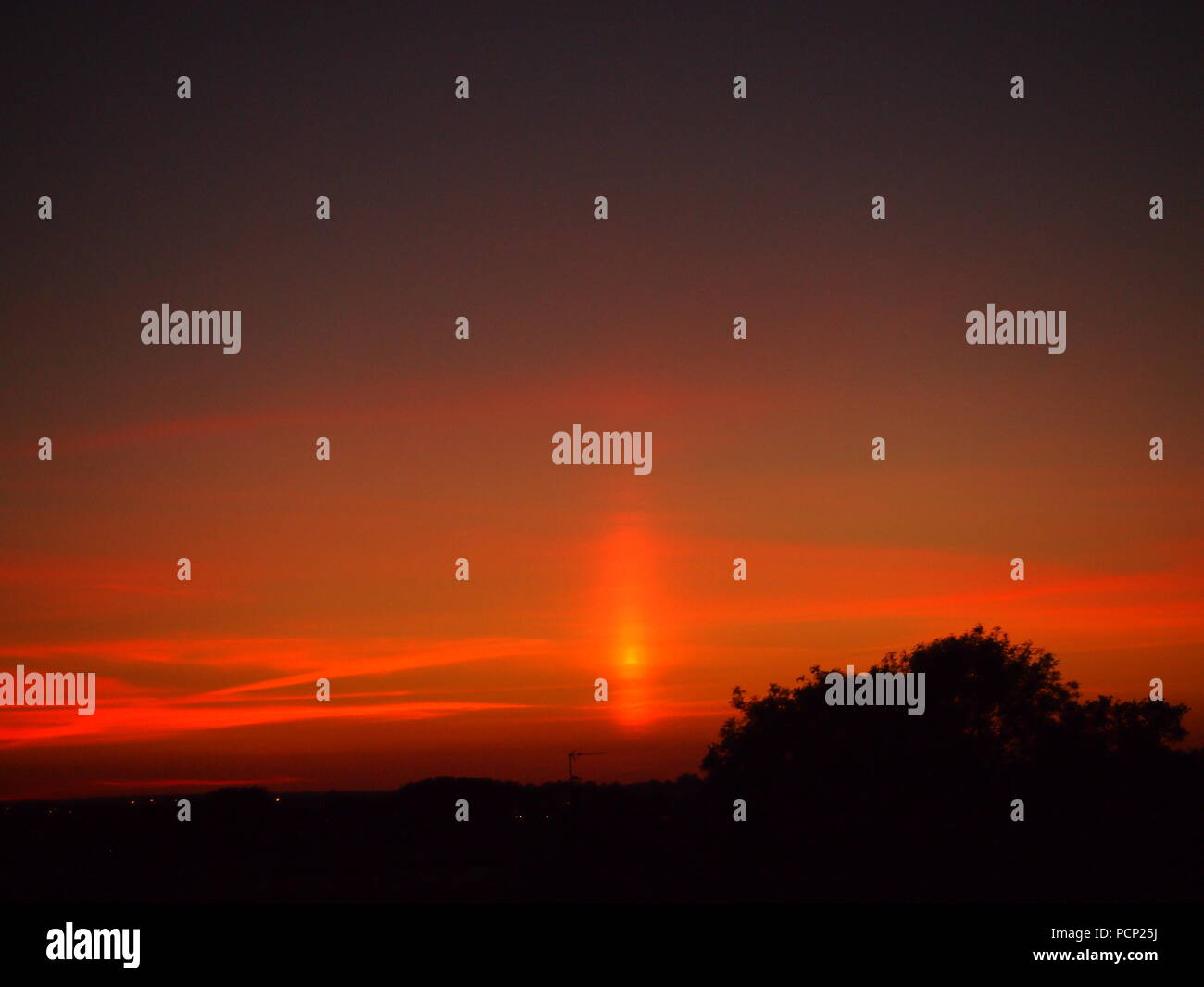 Solar column (or solar pillar, sun pillar) over Bedfordshire near ...