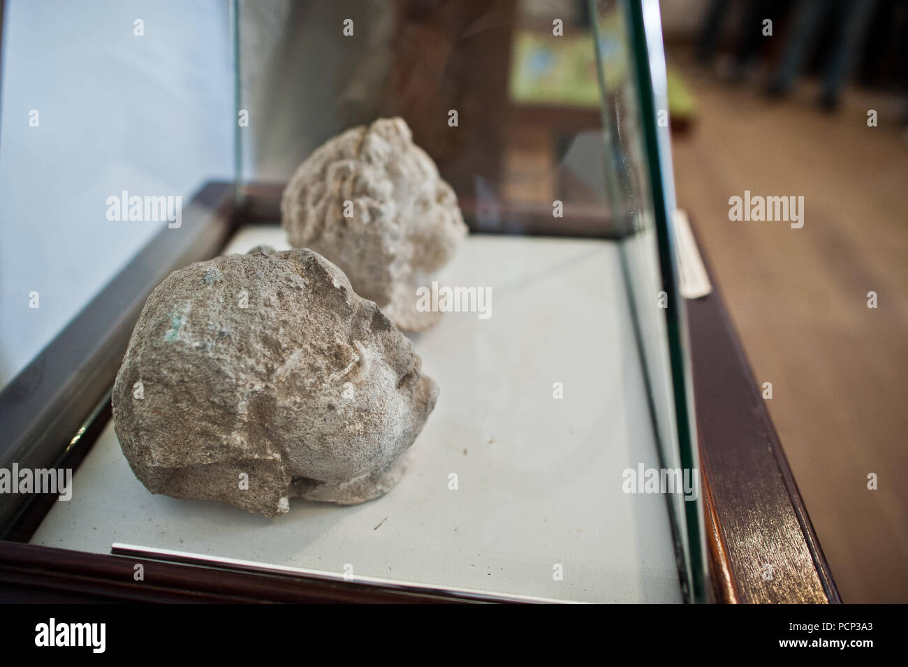 Old remains of some statues behind the glass in museum Stock Photo - Alamy