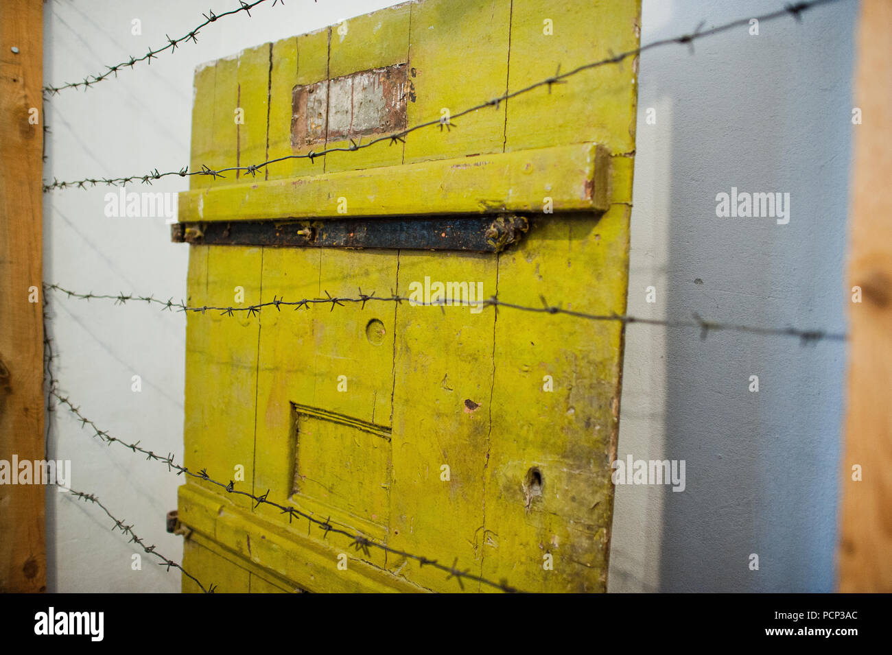 Yellow prison doors behind the barbed wire Stock Photo - Alamy