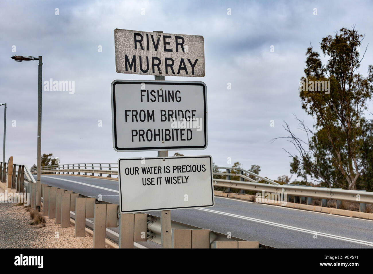 Murray River fishing prohibited road signs in South Australia Stock ...