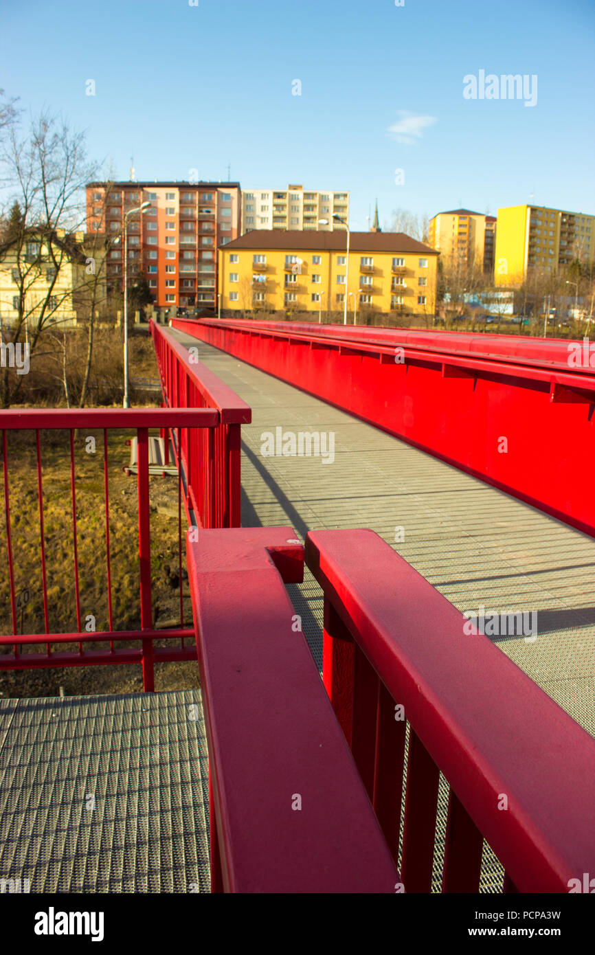 Steel red bridge over the railway in Frydek Mistek in the Czech ...