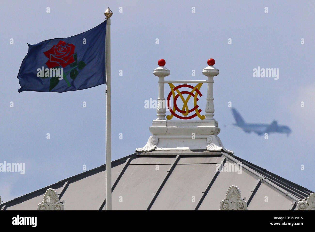 Lancashire flag and MCC crest on the pavilion roof during Middlesex CCC ...